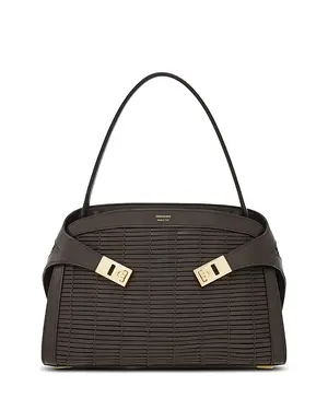FERRAGAMO Hug Medium Woven Leather Handbag - T Moro