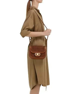FERRAGAMO Double Gancini Woven Leather Crossbody - Naturale