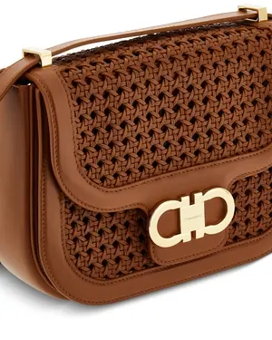 FERRAGAMO Double Gancini Woven Leather Crossbody - Naturale