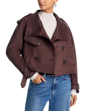 Aqua Cropped Faux Suede Trench Coat - Brown