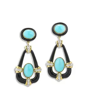 David Webb David Web Platinum & 18k Yellow Colors Turquoise, Diamond & Black Enamel Drop Earrings - Gold