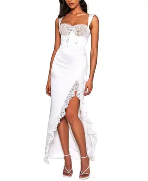 MISS CIRCLE NEW YORK Lace Satin Maxi Corset Dress - White