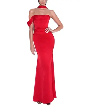 MISS CIRCLE Ivona Halter Neck Double Duchess Satin Corset Gown - Red