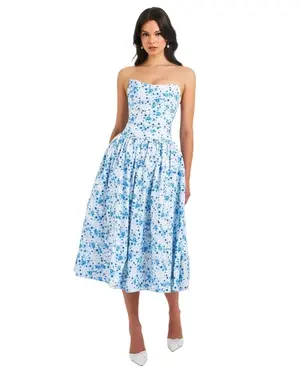 MISS CIRCLE NEW YORK Paloma Print Linen Corset Midi Dress