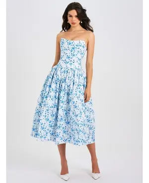 MISS CIRCLE NEW YORK Paloma Print Linen Corset Midi Dress