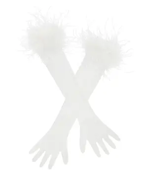 MISS CIRCLE NEW YORK Quinn Feather Trimmed Opera-length Gloves - White