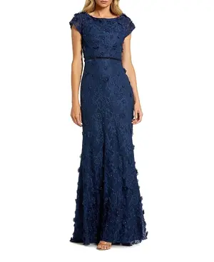 Mac Duggal Floral Applique Boat Neck Gown - Midnight
