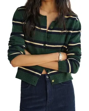 REFORMATION Clara Cashmere Crew Cardigan - Dark Pine Multi Stripe