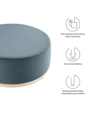 MODWAY Tilden Large 38 Round Performance Velvet Upholstered Ottoman - Cadet Blue Natural