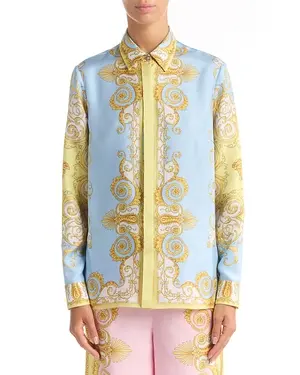 Versace Silk Twill Print Spring Shirt Pale Yellow/pastel Blue