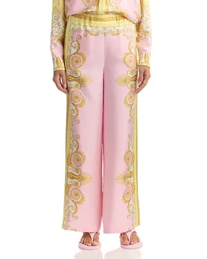 Versace Spring Barocco Foulard Printed Silk Pants - Pale Yellow/rose Quartz