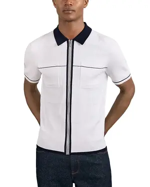 REISS Baxter Short Sleeve Zip Through Windowpane Texture Polo Shirt