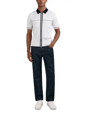 REISS Baxter Short Sleeve Zip Through Windowpane Texture Polo Shirt