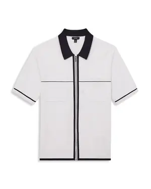 REISS Baxter Short Sleeve Zip Through Windowpane Texture Polo Shirt