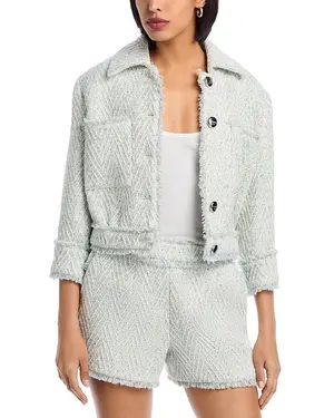 L'Agence Jia Crop Fringe Jacket - Light Blue/ivory Chevron