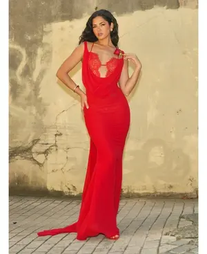 MISS CIRCLE NEW YORK Ulanda Chiffon Lace Backless Maxi Train Gown