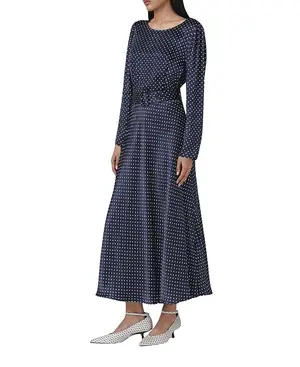 GHOST LONDON Sophia Polka Dot Belted Midi Dress - Navy Spot