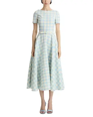 Oscar De La Renta Short Sleeve Gingham Dress - Ice/white