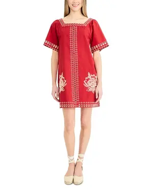 THE GOOD JOURNEY Embroidered Mini Dress - Red/ Beige