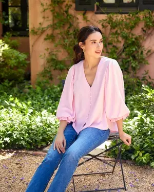 Karen Kane Layered Sleeve Shirred Blouse