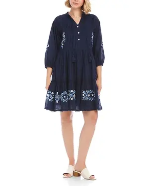 Karen Kane Blouson Sleeve Embroidered Lace Trim Tiered Dress - Navy