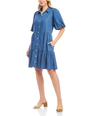 Karen Kane Petite Tiered Puff Sleeve Shirt Dress - Chambray