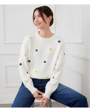 Karen Kane Embroidered Daisy Crewneck Sweater - Off White