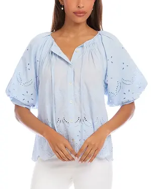 Karen Kane Puff Sleeve Embroidered Top - Blue