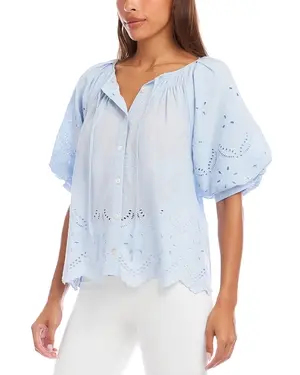 Karen Kane Puff Sleeve Embroidered Top - Blue