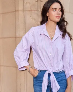 Karen Kane Blouson Sleeve Embellished Tie-front Top - Pink