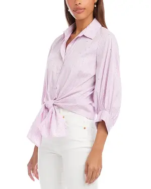 Karen Kane Blouson Sleeve Embellished Tie-front Top - Pink