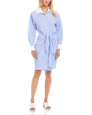 Karen Kane Faux Wrap Shirt Dress - Blue/ White