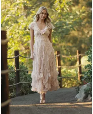Mac Duggal Cap Sleeve Ruffled Midi Dress