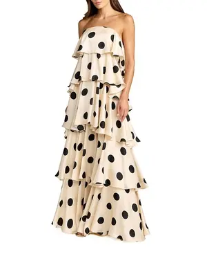 Mac Duggal Strapless Polka Dot Charmeuse Ruffle Gown - Cream Black