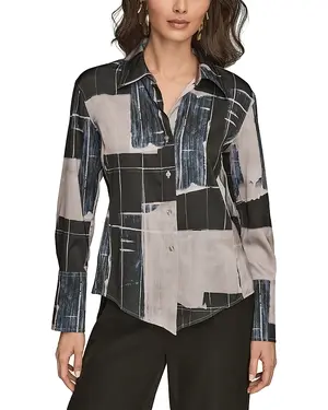 Donna Karan New York Long Sleeve V Neck Blouse - Vapor Multi