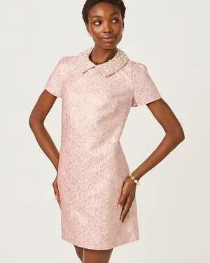 LILLY PULITZER Mylan Short Sleeve Shift Dress - Conch Shell Pink Ritsy Ditsy Metallic Brocade