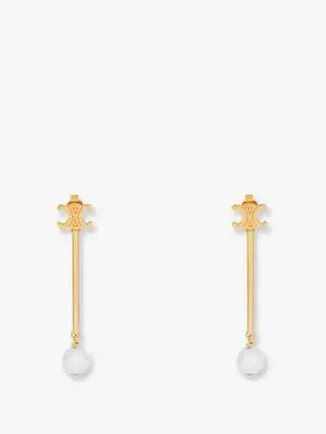 Celine Brass Earrings With Triomphe Logo And Pearl Charm - Gold