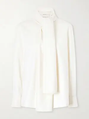 Another Tomorrow Cotton-chambray Pussy-bow Blouse - Neutrals