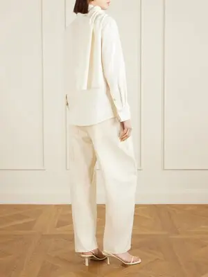 Another Tomorrow Cotton-chambray Pussy-bow Blouse - Neutrals
