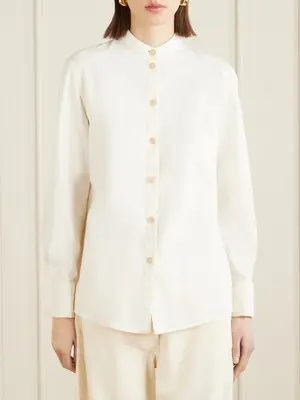 Another Tomorrow Cotton-chambray Pussy-bow Blouse - Neutrals