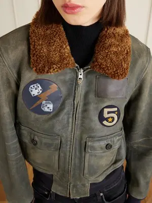 Ralph Lauren Harper Plush-trimmed Appliquéd Leather Bomber Jacket