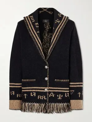 Ralph Lauren Jane Fringed Wool And Silk-blend Intarsia Cardigan