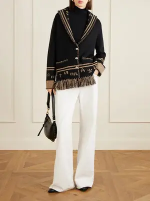 Ralph Lauren Jane Fringed Wool And Silk-blend Intarsia Cardigan