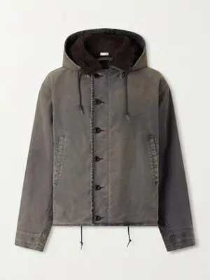A.PRESSE Fleece-lined Distressed Cotton-canvas Hooded Jacket - Gray