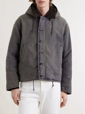 A.PRESSE Fleece-lined Distressed Cotton-canvas Hooded Jacket