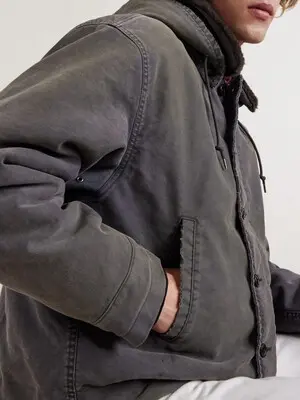 A.PRESSE Fleece-lined Distressed Cotton-canvas Hooded Jacket