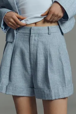 Maeve Linen Cotton Pleated Trouser Shorts - Blue Glen Plaid