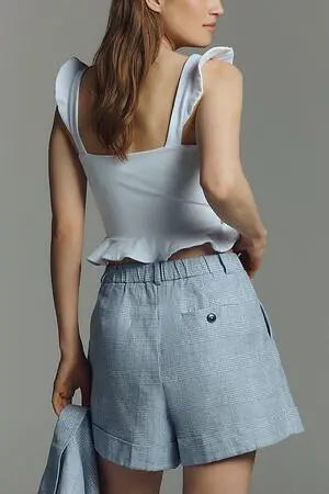 Maeve Linen Cotton Pleated Trouser Shorts - Blue Glen Plaid