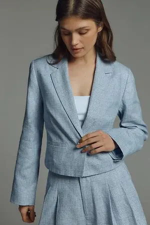 Maeve Boxy Plaid Crop Blazer Jacket - Blue Plaid