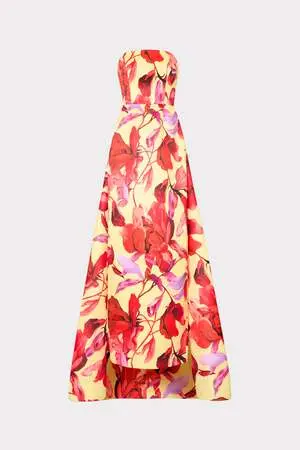 MILLY Dorothy Printed Taffeta Maxi Dress - Lemon/red
